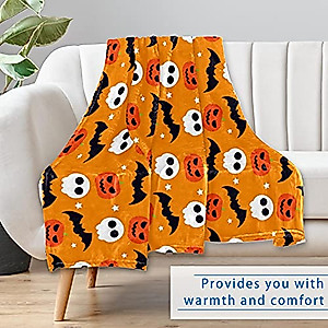 Halloween Skull Pumpkin Bat Pattern Prints Soft Warm Cozy Blanket Throw for Bed Couch Sofa Picnic Camping Beach, 150×100cm