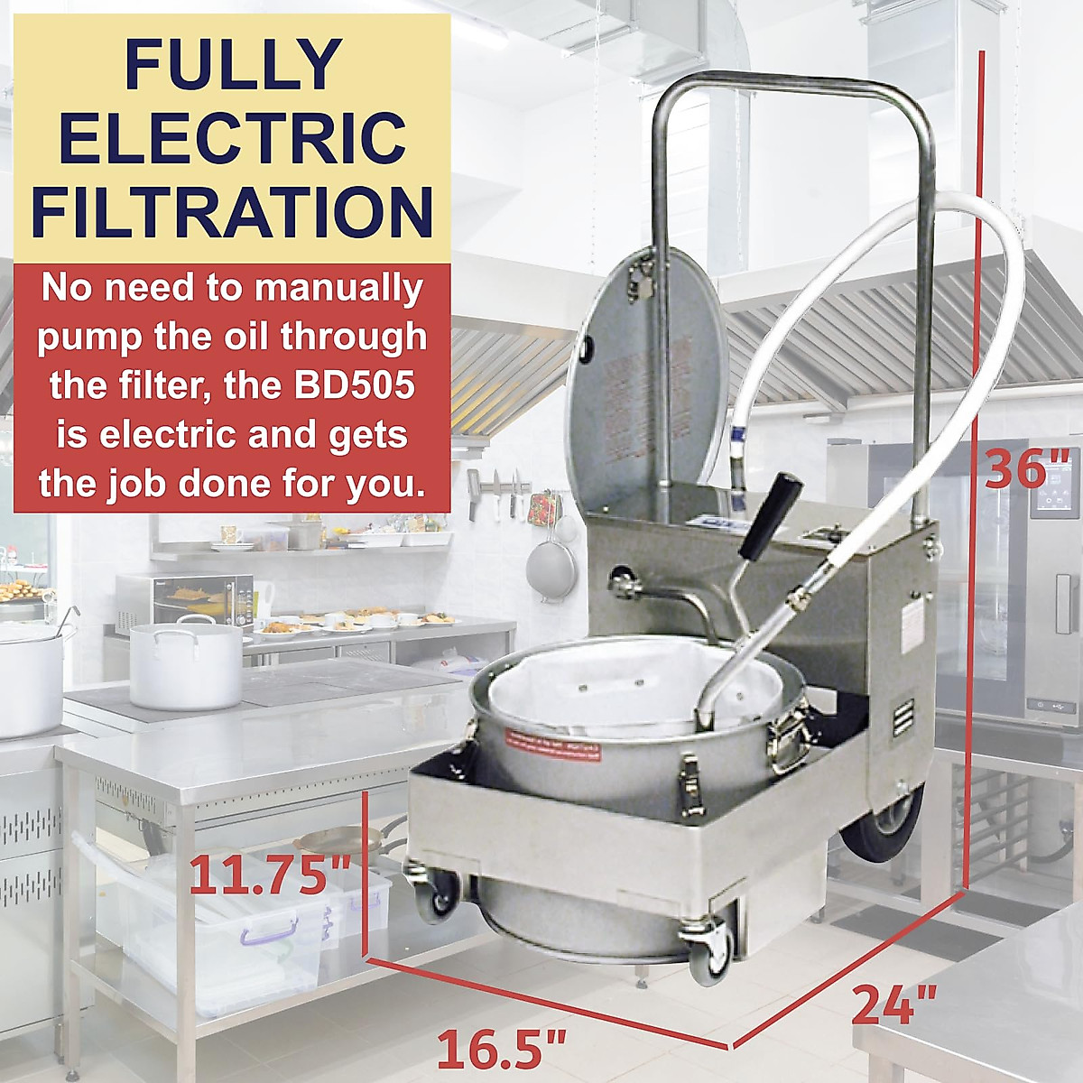 MirOil BD505 Deep Fryer Filter Machine | Electric Filter Machine and Discard Trolley for 55lb Fry Oil |Made in USA | Fryer Oil Cleaner and Portable Oil Filter Machine