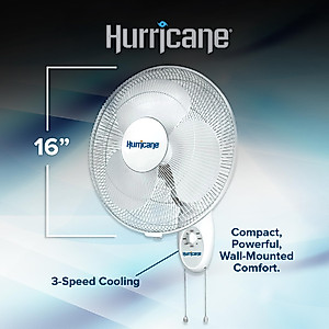 Hurricane Wall Mount Fan - 16 Inch, Supreme Series, Wall Fan with 90 Degree Oscillation, 3 Speed Settings, Adjustable Tilt - ETL Listed, White