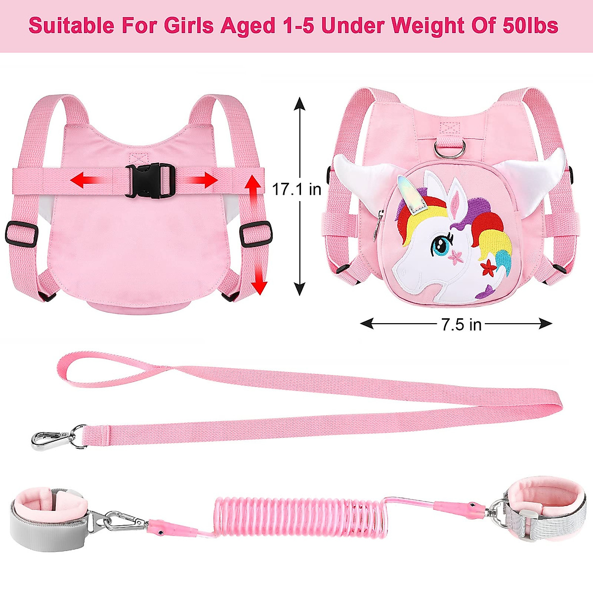 Toddler Harness with Leash + Anti Lost Wrist Link, Accmor Unicorn Toddler Harness Leashes, Child Walking Wristband Assistant Strap Belt for Baby Girls