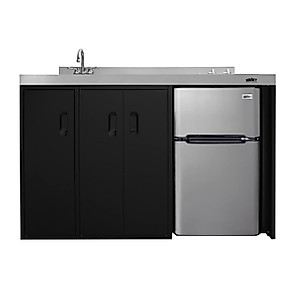 Summit Appliance CK54SINKL 54 Wide All-In-One Kitchenette, Stainless Steel Sink and Faucet, 2-door Refrigerator-freezer, 2-burner Smooth-top Cooktop, Storage Compartments, 115V Operation, Black