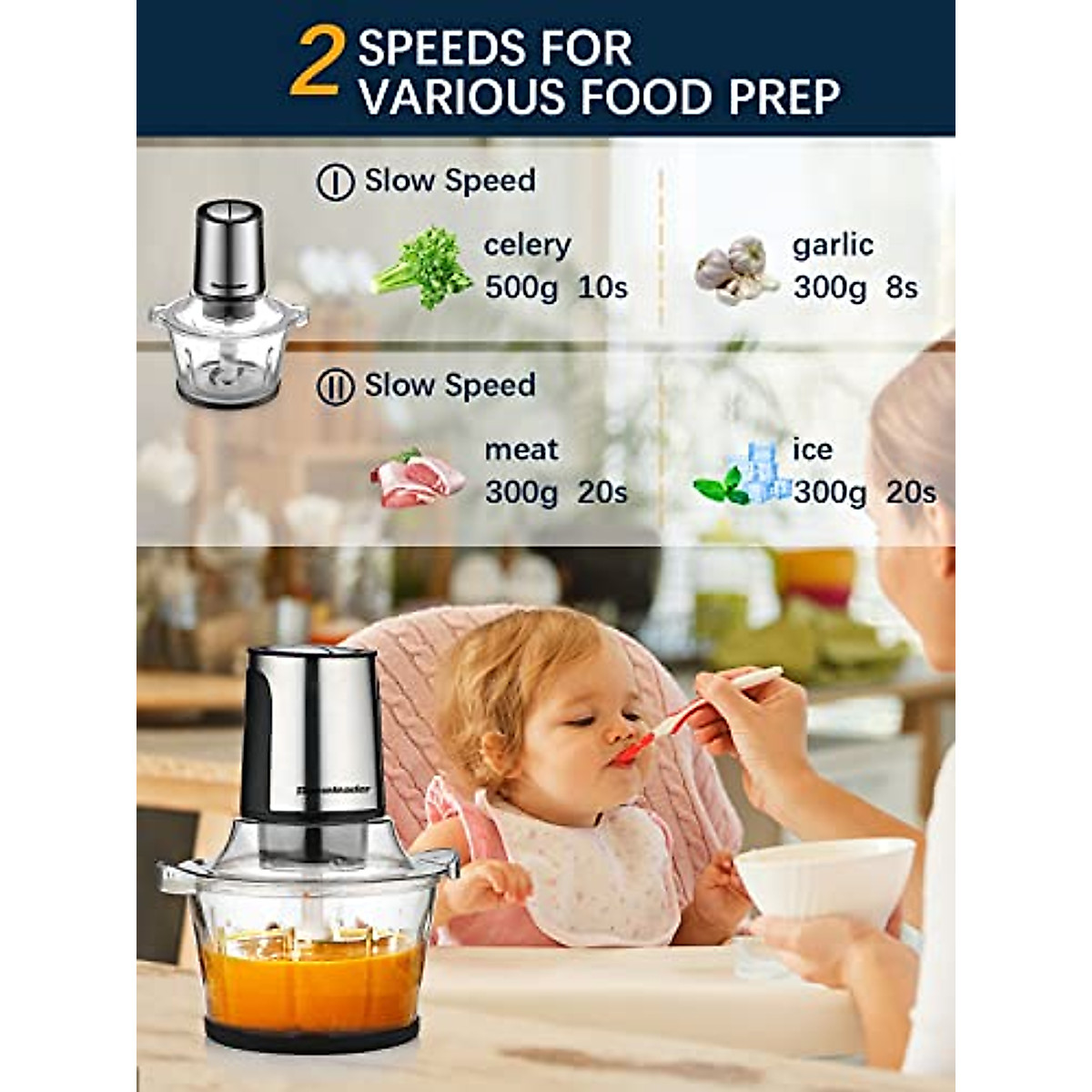 Meat Grinder Food Processor Chopper Electric Homeleader 8 Cup BPA-Free Glass Bowl Fast & Slow Speeds 4 Stainless Steel Blades Powerful 400W Pure Copper Motor for Vegetables, Lean Meat, Onion, Nuts, etc.