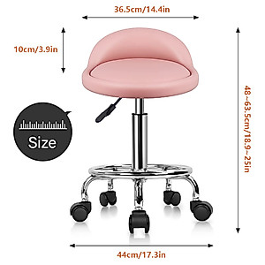 KKTONER PU Leather Round Rolling Stool with Foot Rest Height Adjustable Swivel Drafting Work SPA Task Chair with Wheels (Pink)