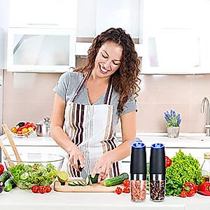 2 Pack Gravity Electric Salt and Pepper Grinder Set Automatic Battery Powered Salt Mill, Adjustable Coarseness, with Blue LED Light, One Hand Operated