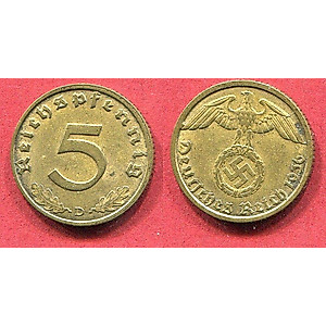 1936 DE RARE ORIGINAL NAZI 5PF COIN w SWASTIKA in LUSTROUS BRASS!! BUY 2 ALSO GET LARGER 10PF!! 5 PFENNIGS Uncirculated or Polished Almost Uncirculated