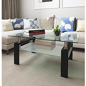 Kennkari Coffee Table with Storage, Table for Living Room, Modern Glass Coffee Table, Rectangular Coffee Table for Home Living Room, Clear Coffee Table, Easy Assembly (Transparent+Black)