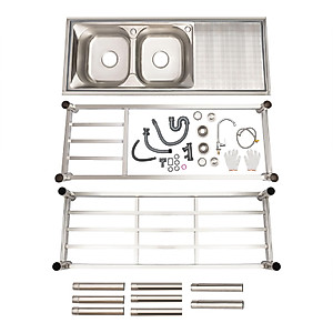 Free Standing Stainless-Steel Double Bowl Stainless Steel Utility Sink, Commercial Restaurant Kitchen Sink Set w/Faucet & Drainboard, Washing Hand Basin w/Workbench & Double Storage Shelves