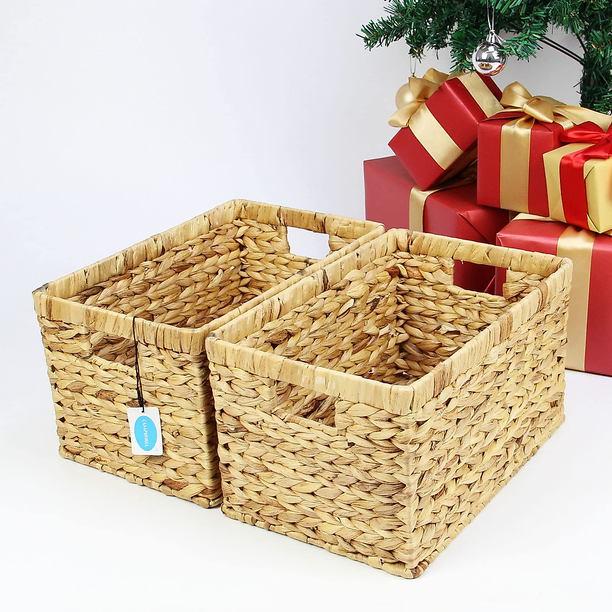 Casaphoria large Square Irregular Hyacinth Storage Baskets Natural Hand Woven Water Hyacinth Basket Durable Trapezoid Sundries Baskets with Built-in Wooden Handles Funnel Basket，2-Pack