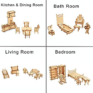 BOHS 34-Piece Dollhouse Furniture Set - Laser Cut Wooden 3D Puzzles - Miniature Doll House DIY Models and Accessories