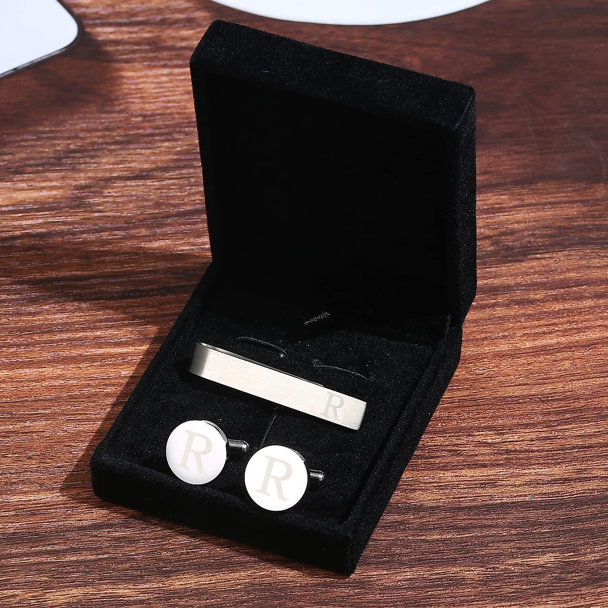 LOYALLOOK Classic Engraved Initial Cufflinks and Tie Clip Bar Set Alphabet Letter Formal Business Wedding Shirts R