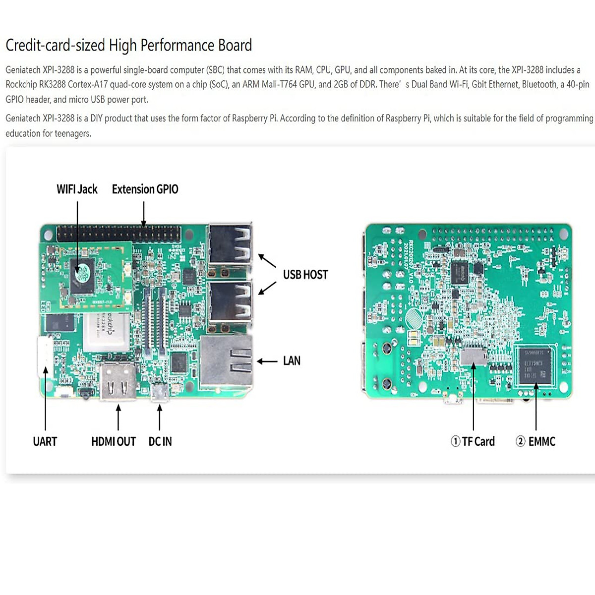 Geniatech XPI-3288 Android Single Board Computer Development Board Moudle, Rockchip RK3288 Quad Core CPU 2G RAM, 16GB EMMC Flash Motherboard