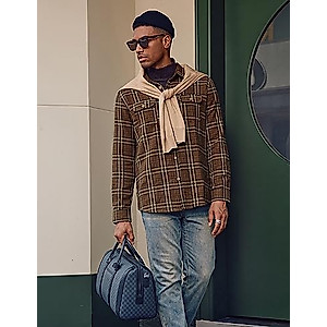 Mens Vintage Plaid Shacket Jacket Flannel Shirt for Men Button Down Shirt Jacket Tops Coffee