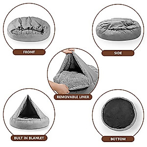 Lasaas Small Dog Bed with Blanket Attached Round Donut Cozy Cuddler Calming Dog Bed with Removable Liner Soft Warmth Plush Puppy Pet Bed for Small Cats or Dogs Light Grey M