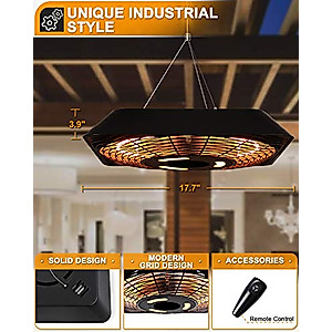 Star Patio Electric Patio Heater, Outdoor Heater with Remote and Touch Switch, 750W/1500W Infrared Heater with SQUARE SHAPE Black Finish, Modern Hanging Heater, IP45 Waterproof, STP1568-RMLED-SQ