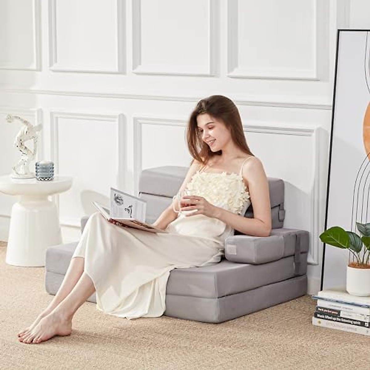 Lazyzizi Sleep 4 Inch Foldable Mattress, Portable Floor Mattress Couch with Headrest, Washable Cover, Foldable Foam Couch Single for Guest Bed, Folding Sofa Bed, Camping, Road Trip, Dark Grey