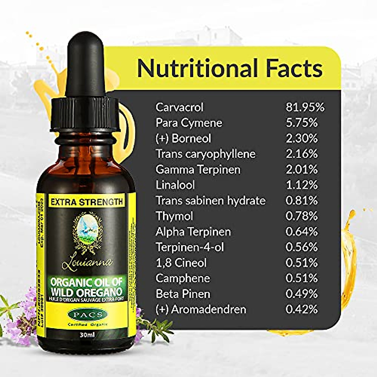 Louianna - Organic Wild Oregano Oil, Pure Oil of Oregano Drops, Wild Oregano Essential Oil with 80 Percent Carvacrol, Oregano Oil Drops for Oral or Topical Use, 30 mL