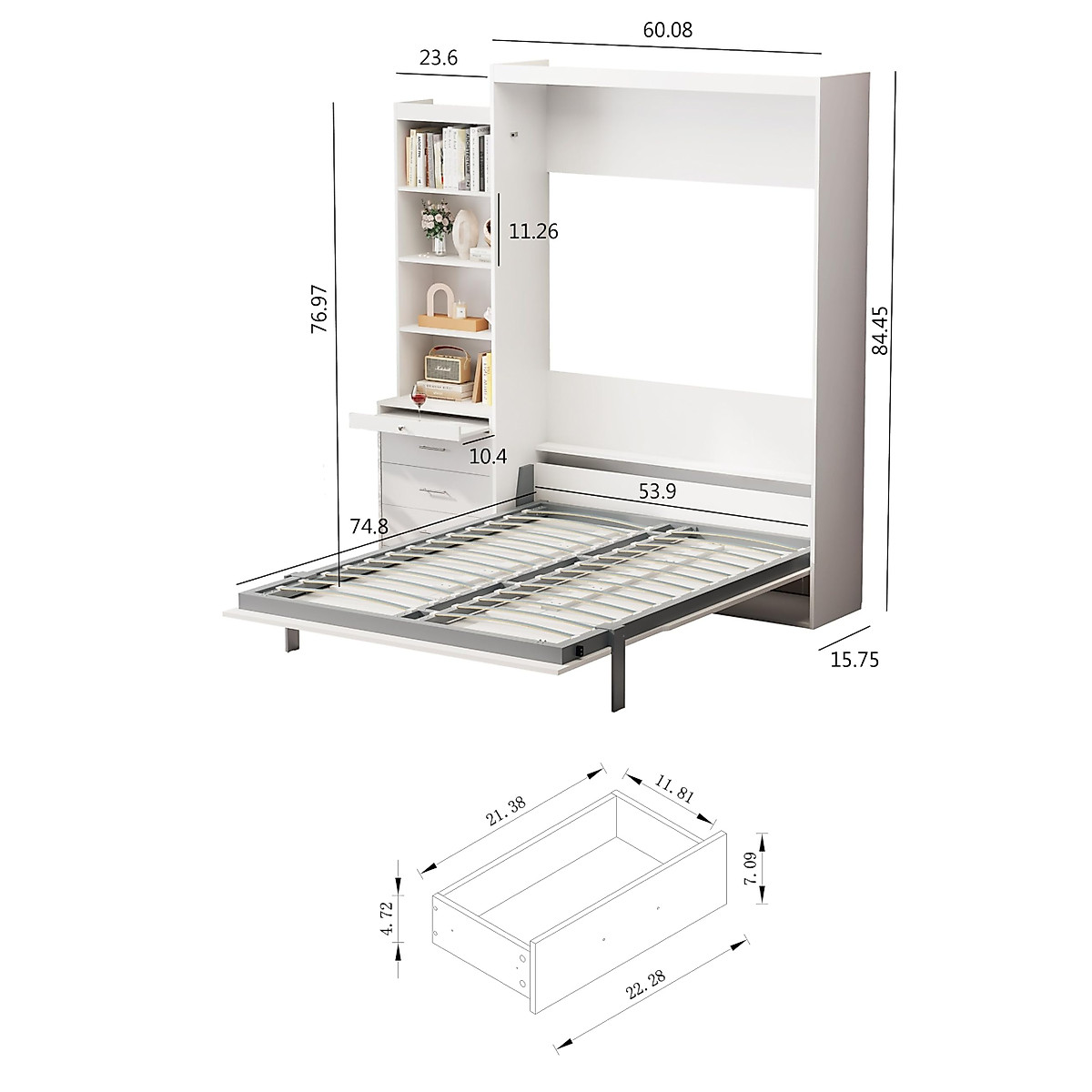 Oudiec Mordern Full Size Vertical Murphy Bed with Drawers&Shelf,Muti Functional Cabinet Bed&Wood Hidden Bed w Gas Struts,or Bedroom, Office, Guestroom, Space Saving Design, White