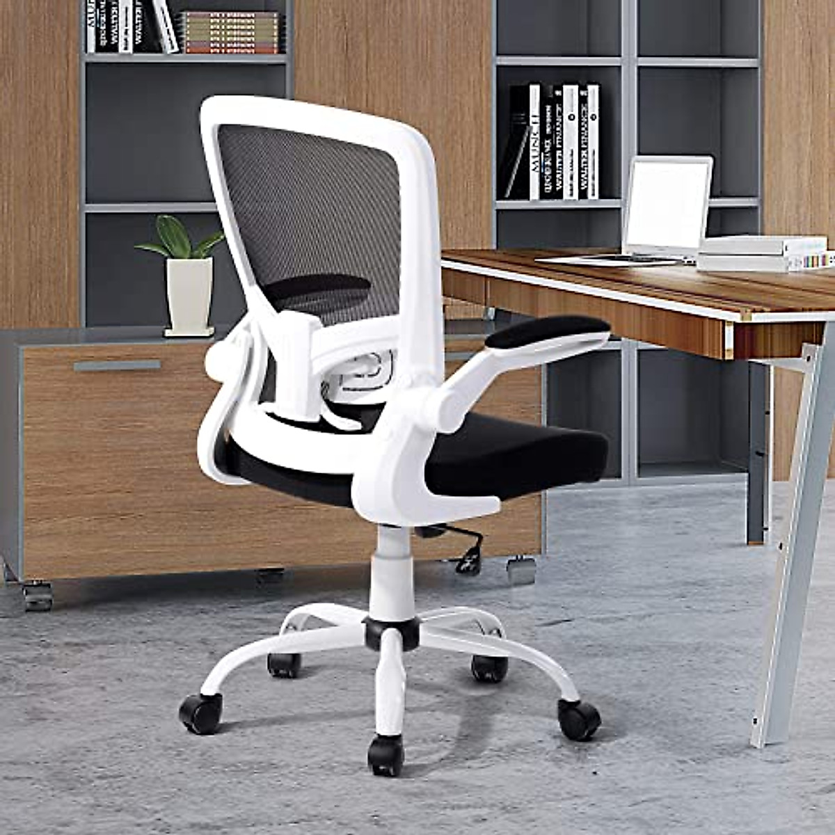 UNICOO - Mid Back Mesh Computer Chair, Office Task Desk Chair, Swivel Home Comfort Chairs with Padded Flip-up Armrests and Adjustable Lumbar Support (RY-N-01-White)