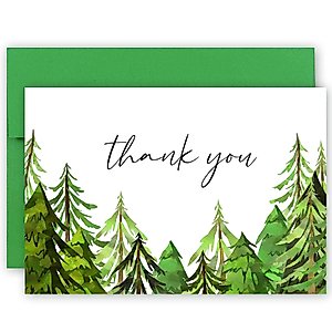 50 Green Forest Trees Thank You Cards, Watercolor Greenery Thank You Note Cards, 4''x6'' Woodland Thank You Cards