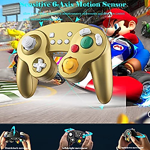 EXLENE Gamecube Controller Switch, Wireless Switch Pro Controller for Nintendo Switch/Lite/PC/Android/iOS/Steam, Support Wake Up, Motion, Adjustable Rumble, Turbo & Auto Turbo (Gold)
