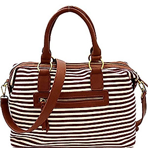 Boho Tassel Leaf Charm Aztec & Stripe Print Canvas Satchel Tote Handbag Purse (Embroidered Satchel - Black)