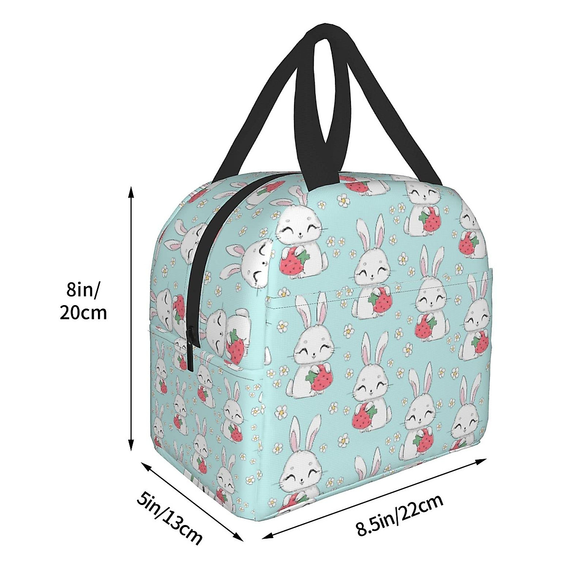 Ucsaxue Cute Bunny With Strawberry And Flowers Lunch Box Reusable Lunch Bag Work Bento Cooler Reusable Tote Picnic Boxes Insulated Container Shopping Bags For Adult Women Men