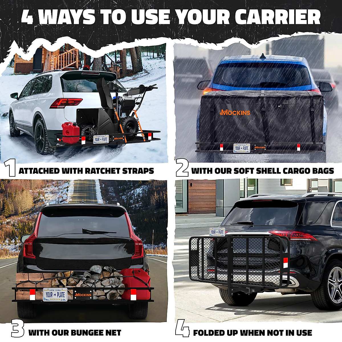 Mockins 60"x20"x6" Folding Trailer Hitch Cargo Carrier & 16 Cu.Ft. Waterproof Tow Hitch Cargo Carrier Bag Set | 500 Lbs. Capacity All-Weather Luggage Rack for Car, SUV, & Truck with Bag & Accessories