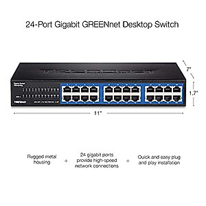 TRENDnet 24-Port Unmanaged Gigabit GREENnet Desktop Switch, Ethernet Network Switch, 24 x 10-100-1000 Gigabit Ethernet RJ-45 Ports, 48Gbps Switching Capacity, Lifetime Protection, Black, TEG-S24DG