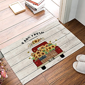 Doormat Bath Rugs Non Slip Red Truck Yellow Sunflower Vintage Retro Farm Wood Board Washable Cover Floor Rug Absorbent Carpets Floor Mat Home Decor for Kitchen Bathroom Bedroom (16x24)