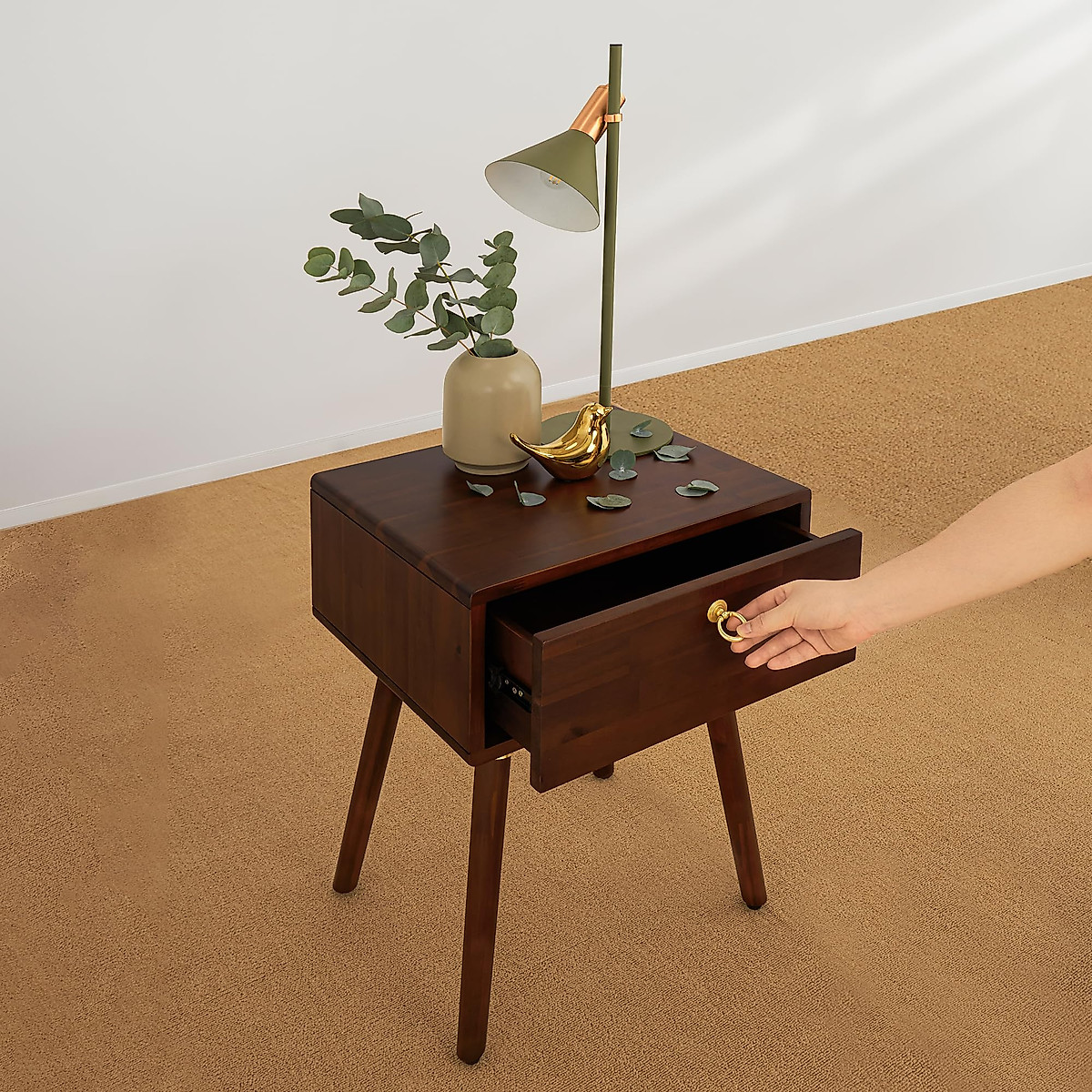 Bme Caden Solid Wood Nightstand/Side Table/End Table, Fully Assembled, with 1-Drawer for Mid Century Bedroom and Living Room, Walnut