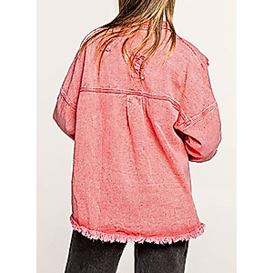 EVALESS Women's Denim Jacket Boyfriend Jean Jackets for Women Fashion 2023 Distressed Shacket Jacket Ripped Frayed Jean Shirts Business Casual Red Top Outfits with Pockets Light Stretchy Shirt,Large