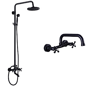 Matte Black Wall Mounted Bathroom Rainfall Shower Faucet System Set Mixer 8’’ Round Head 2 Cross Handles Bathtub Hand Spray Kitchen Faucet 8’’ Center 9’’ Spout Reach 2 Cross Handle Kitchen Sink Faucet