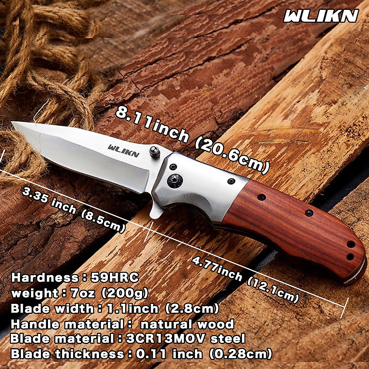 Wlikn Pocket Folding Knife Gentleman’s Folding Knife, EDC Knife for Women and Men, Wood Handle Sharp Blade, Survival Tactical Knife for Hunting Fishing Hiking, Camping Knife Hunting Knife with Liner Lock