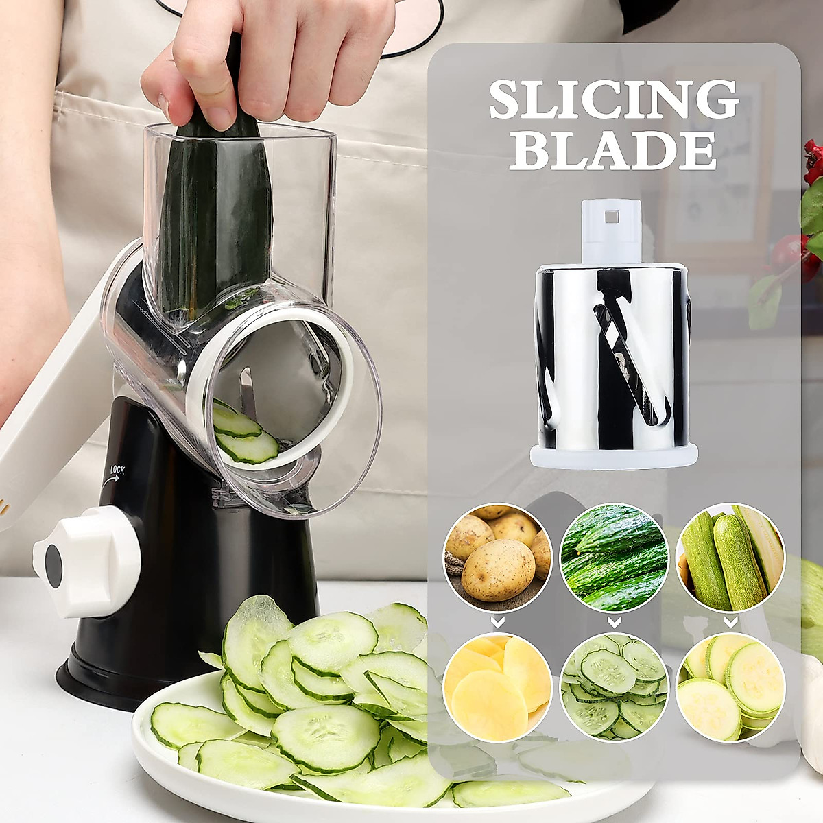 Ancevsk Rotary Cheese Grater with Handle, Manual Speed Round Cheese Shredder with Strong Suction Base, Easy to Use Potato Hashbrown Shredder with 3 Replaceable Stainless Steel Drum Blades (Black)