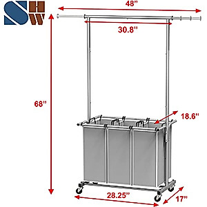 SimpleHouseware 3 Bag Laundry Sorter Rolling Cart w/Garment Rack Hanging Rod, Silver