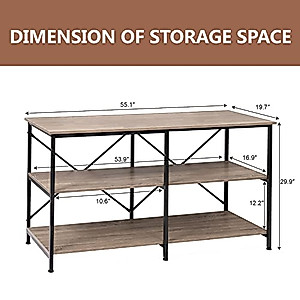 Vagowin 55 inch Sofa Console Table - 3-Tier Wood Hallway Table with Storage Industrial Rustic - Modern Entertainment Center with Shelf TV Stands, Farmhouse Side Table Bookshelf for Living Room, Grey