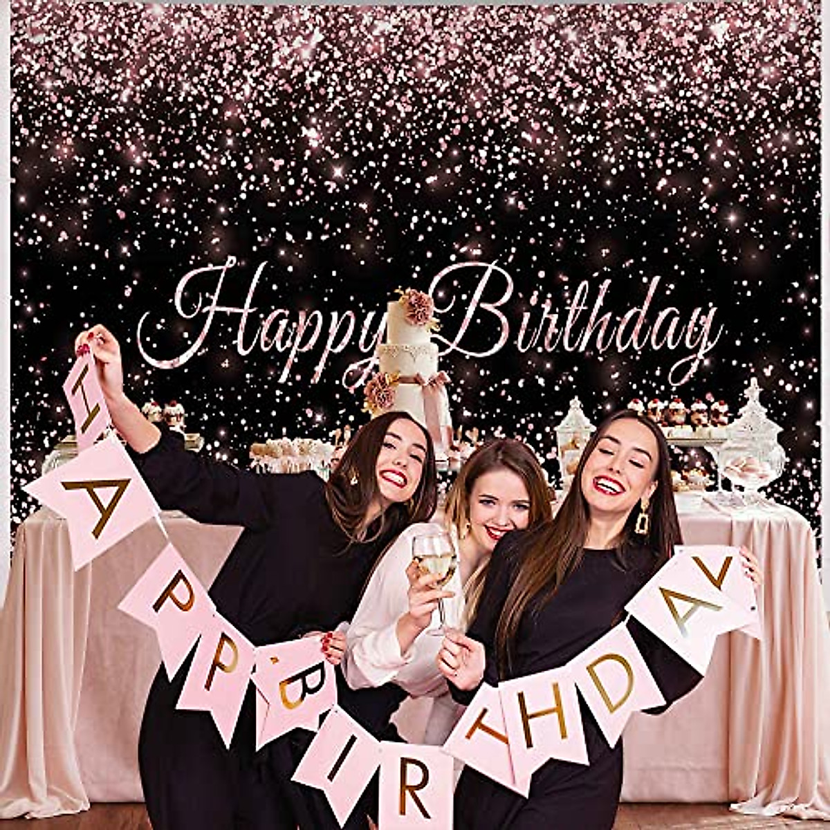 Haboke 7x5ft Durable Fabric Happy Birthday Backdrop Pink and Black Shiny Gold dot Glamour Sparkle Sweet Photography Background for Kids Adults Birthday Party Decorations Supplies Photo Studio Props …