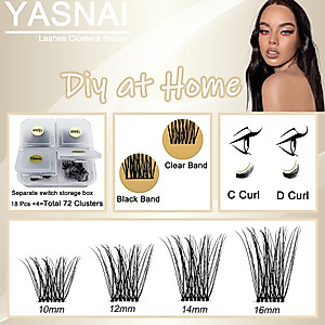 Lash Clusters DIY Eyelash Extension YASNAI Clusters Lashes 72 Pcs Individual Extensions Eyelsh Clusters Soft Natural Lightweight 10/12/14/16mm Mix Resuale Clusters Eyelash for Home Use