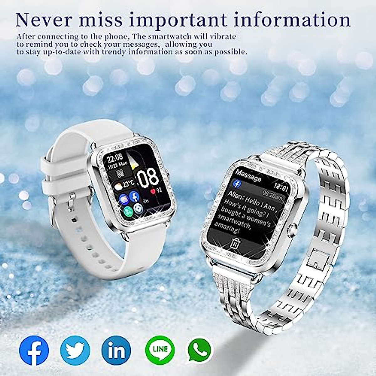 Smart Watch for Women Diamonds(Answer/Make Call),1.29''HD Touch Screen Smart Watch Android,Fitness Tracker with Heart Rate/Blood Oxygen/Sleep Monitor,Waterproof Smartwatch 3 Strap (Diamond Silver)