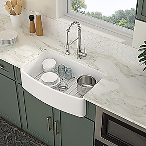 30 White Farmhouse Sink - Logmey 30 inch Kitchen Sink Arch Edge Curved Ceramic Fireclay Apron Front Single Bowl Farm Sink
