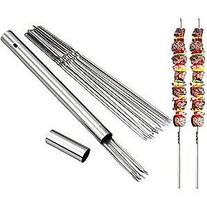 WILLBBQ 304 Stainless Steel Flat Barbecue Skewers,20PCS/40PCS BBQ Kebab Skewers with Portable Metal Storage Tube,Reusable for Grilling Barbecue Kitchen Party and Outdoor Cooking (20)
