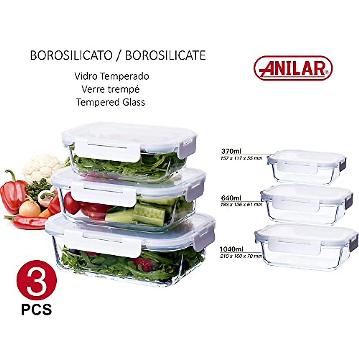 Anilar Tempered Glass Rectangular Food Storage with Lockable Lids - Set of 3