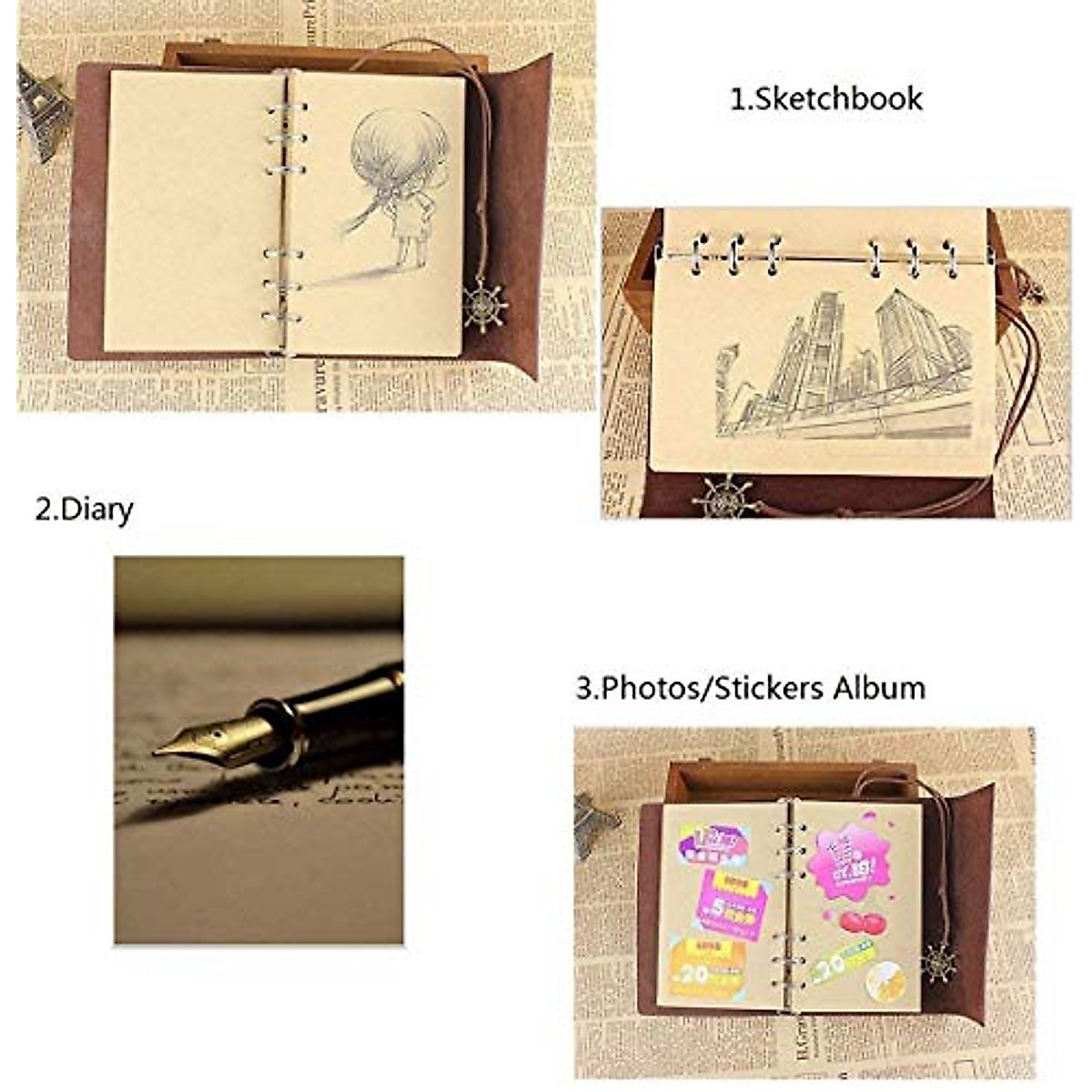 Leather Travel Journal Writing Notebook, Classic Embossed Vintage Nautical Spiral Blank String Refillable Diary Notepad Sketchbook to Write in, Unlined Paper, Retro Pendants (7.3” x5”, Deep Blue)