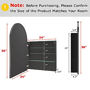 FKWin Arched Medicine Cabinets with Mirror, Bathroom Mirror with Storage, Aluminum Alloy Bathroom Cabinet, 3 Adjustable Shelves Vanity Mirror, Medicine Cabinet Mirror, Not Recessed, 24x36 inch, Black