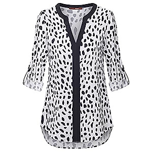 Gaharu Long Sleeve Blouses Women's Fall Tunic Tops Home Wear Henley V Neck Cuffed Sleeve Contrast Color Leopard Shirts for Jeans White Leopard,XX-Large