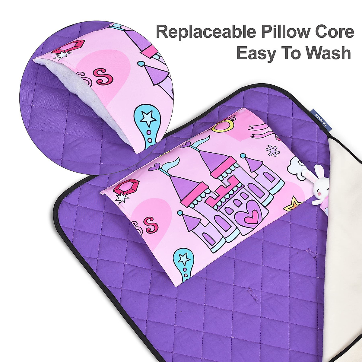 KRAND Kids Nap Mat with Washable Pillow and Blanket All-in-One Comfy Bedding for Toddler Boys & Girls Preschool Daycare Cot,Features 100% Cotton Sleep Side and Elastic Straps-Pink Castle