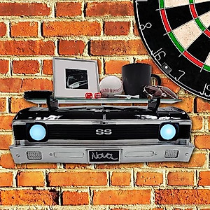 Chevrolet Nova SS Floating Wall Shelf, Black, 19.3x6.3x6.9 inches, Tempered Glass, Battery Powered LED Headlights, Chevy Enthusiast Gift, Gifts Idea, Car Lover's Decor, Nova Collector
