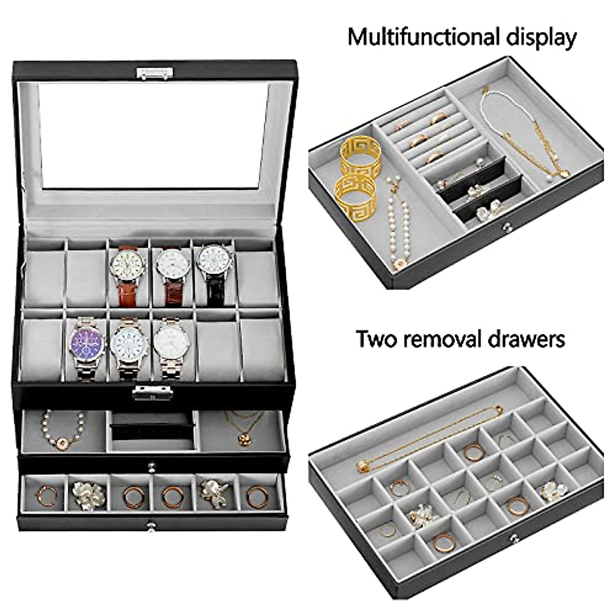 Oyydecor Jewelry Box Watch Box PU Leather Case Organizer Wooden Storage Organizer for Storage and Display Men's & Women's Gift Business (3layers-Gray)