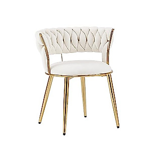 RHYNZEE Accent Velvet Dining Chair with Gold Metal Legs, Woven Modern Living Room Chairs Upholstered Side Chair for Bedroom Kitchen Vanity Guest Reception Room (Beige)