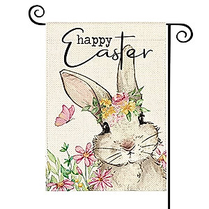 AVOIN colorlife Happy Easter Garden Flag 12x18 Inch Double Sided Outside, Floral Rabbit Pascha Yard Outdoor Decoration
